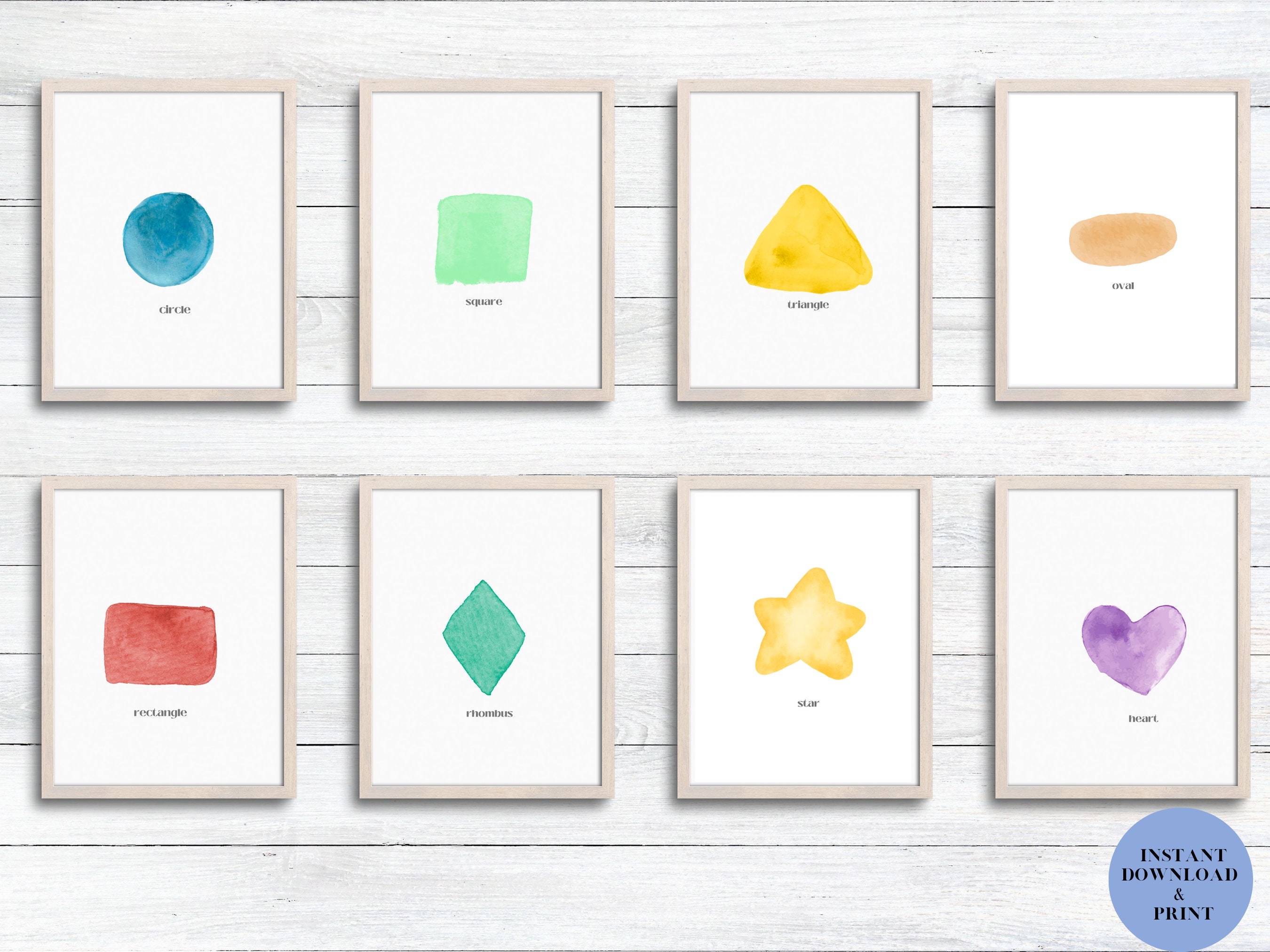 Set of 8 Educational Shapes Wall Art, Watercolor Nursery Shapes Wall ...