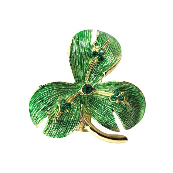 Vintage Irish Green Shamrock Brooch Pin Rhinestone Br… - Gem