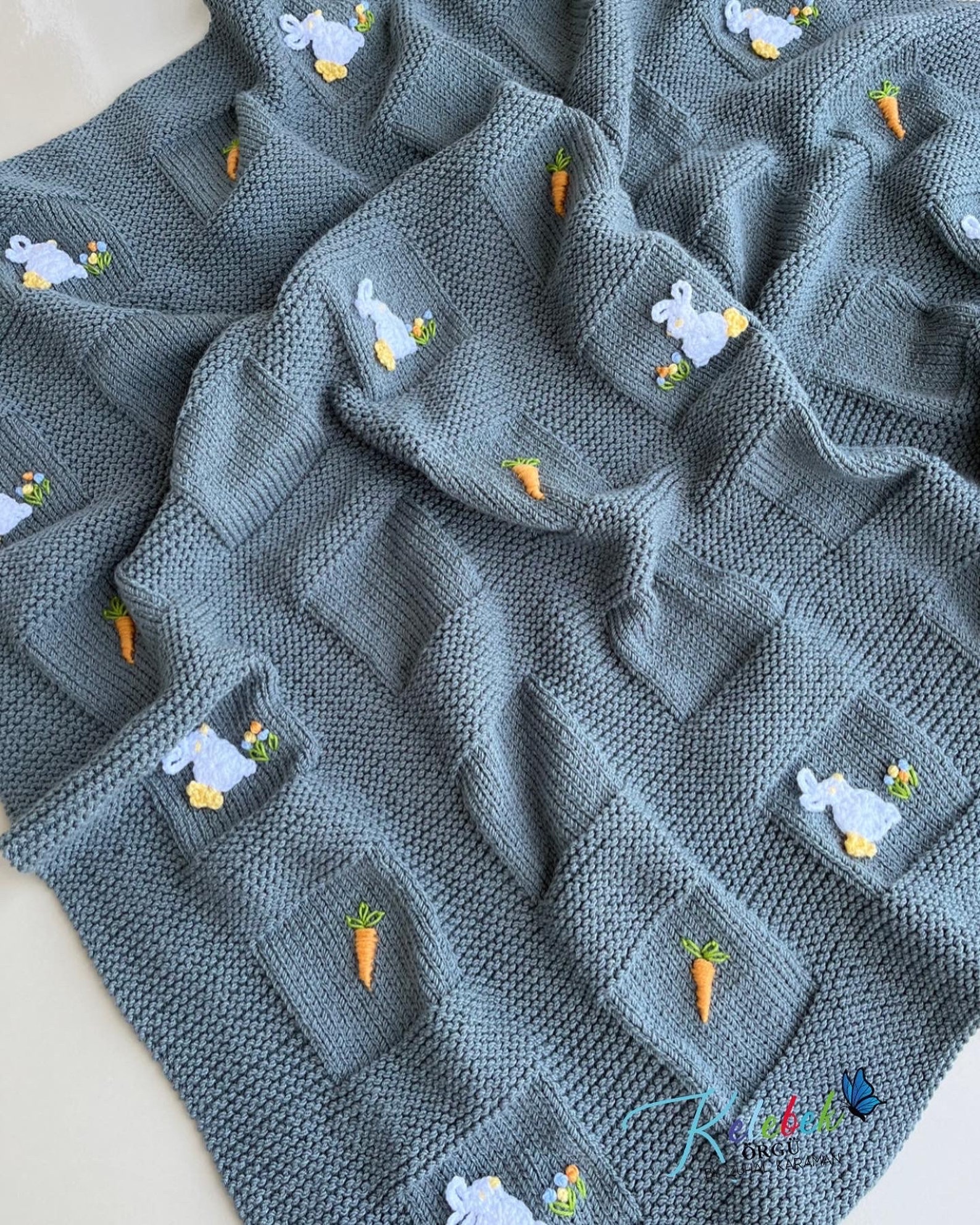 Hand Knitted Baby Blanket, Rabbit Blanket, Unisex Baby Blanket ...