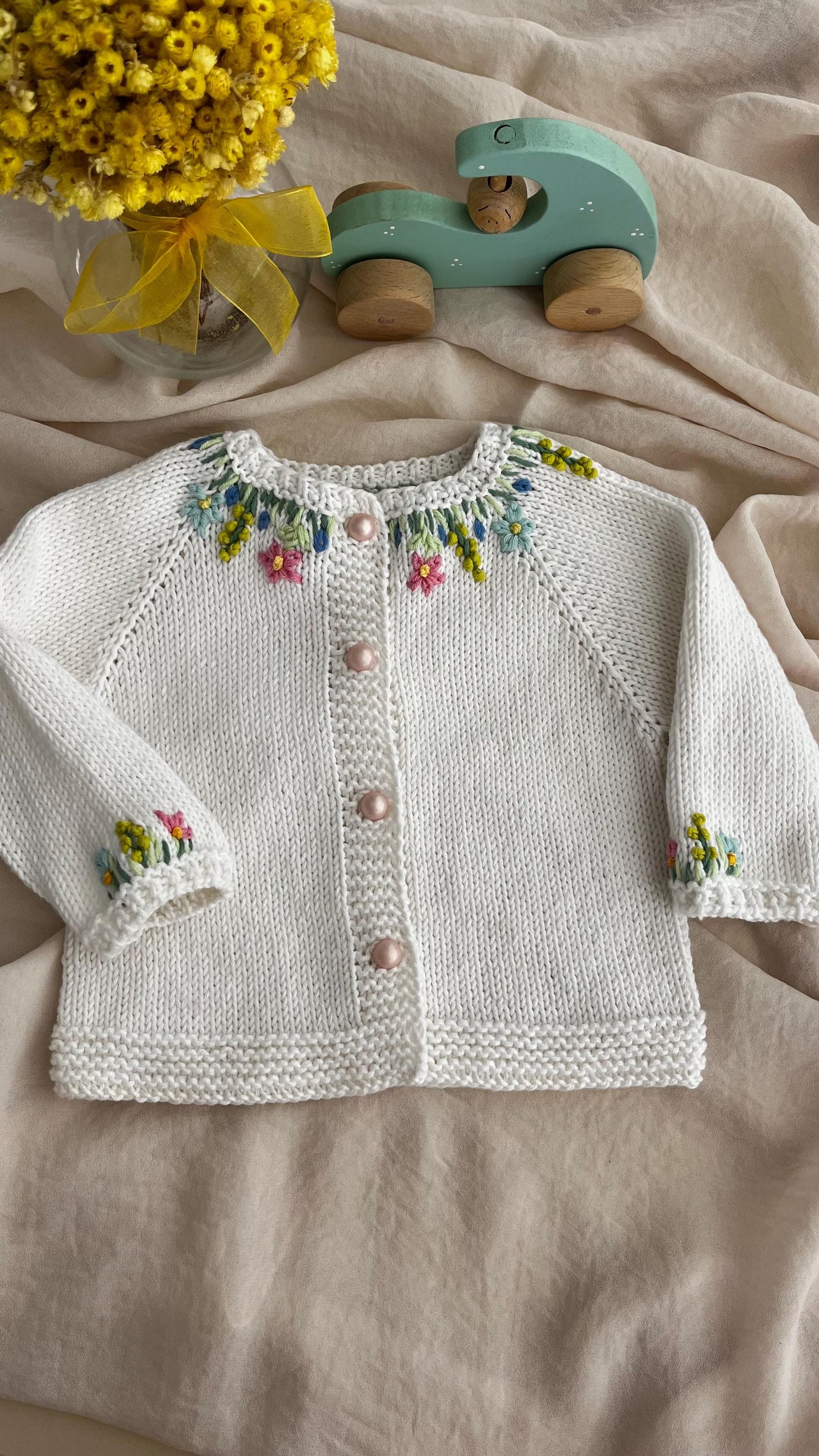 Handmade Organic Cotton Baby Cardigan: Floral Embroidered Knit - Etsy