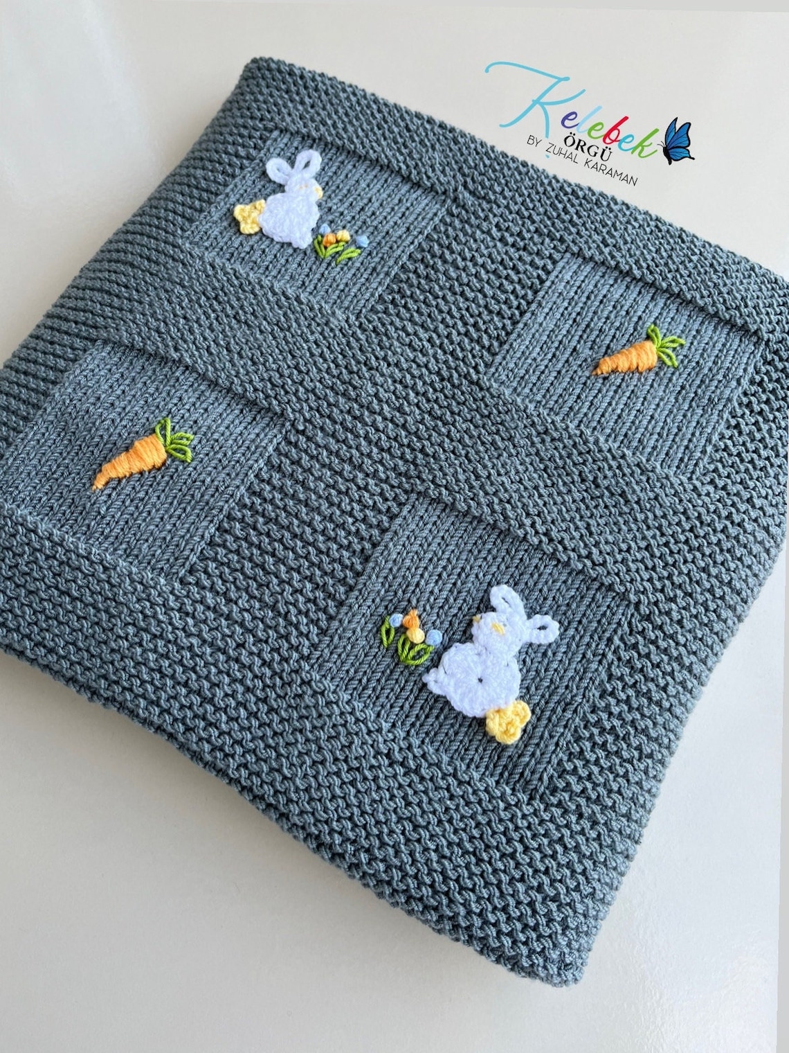 Hand Knitted Baby Blanket, Rabbit Blanket, Unisex Baby Blanket ...