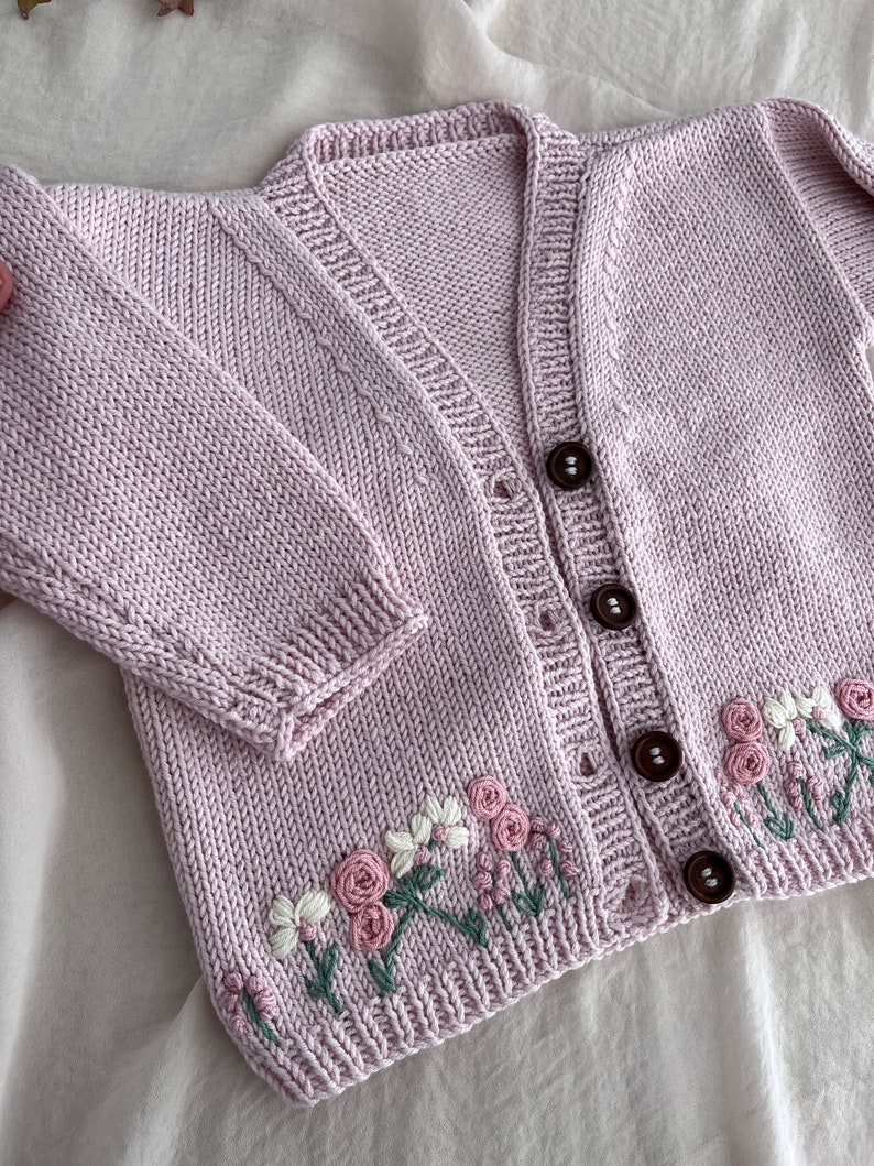 Hand-knitted Organic Cotton Baby Cardigan: Floral Embroidered Sweater ...