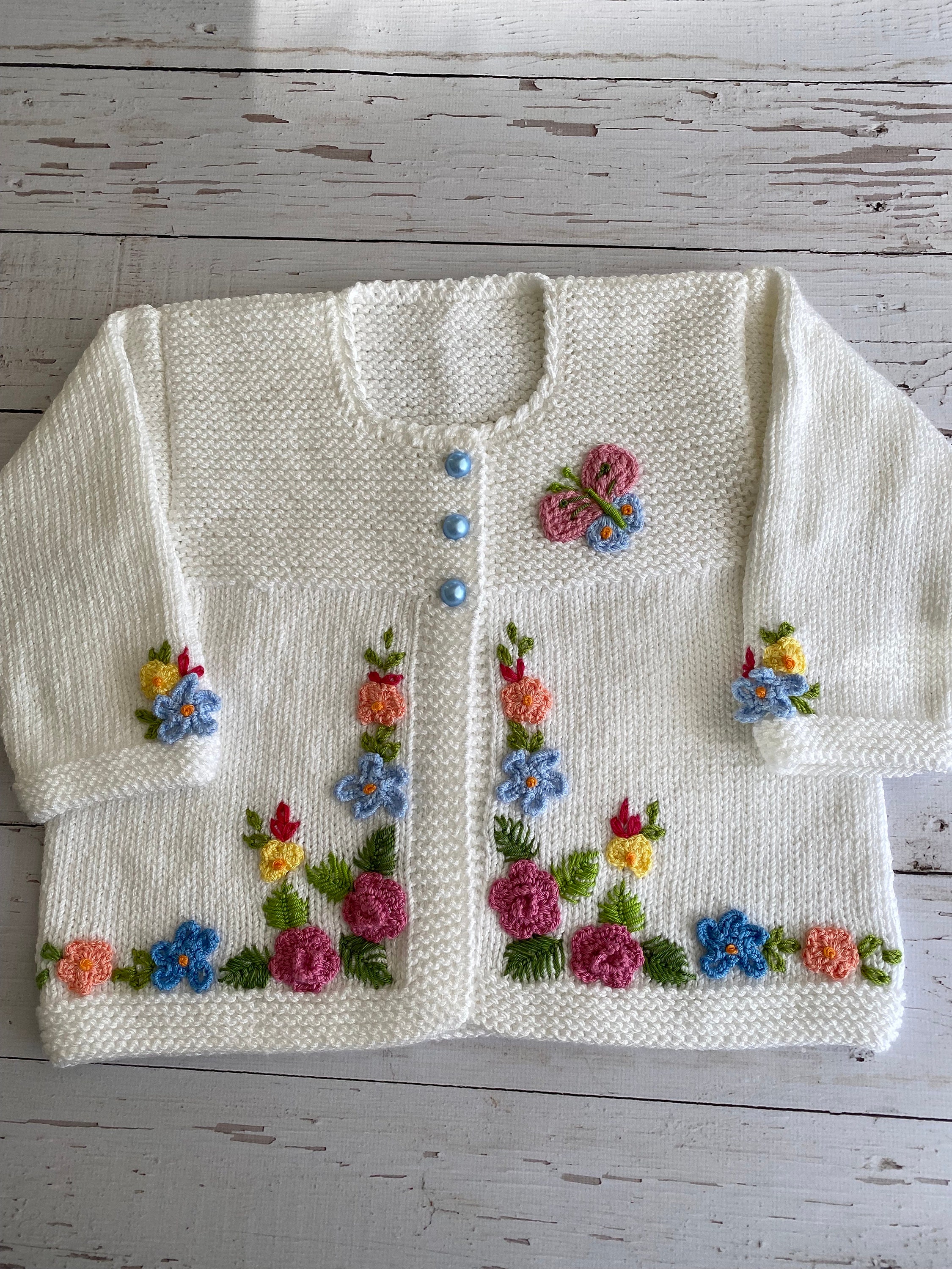 Hand Knit Baby Cardigan: Floral Embroidered Sweater, Newborn Gift - Etsy