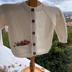 Hand Knit Baby Cardigan: Organic Cotton Embroidered Floral Outfit - Etsy
