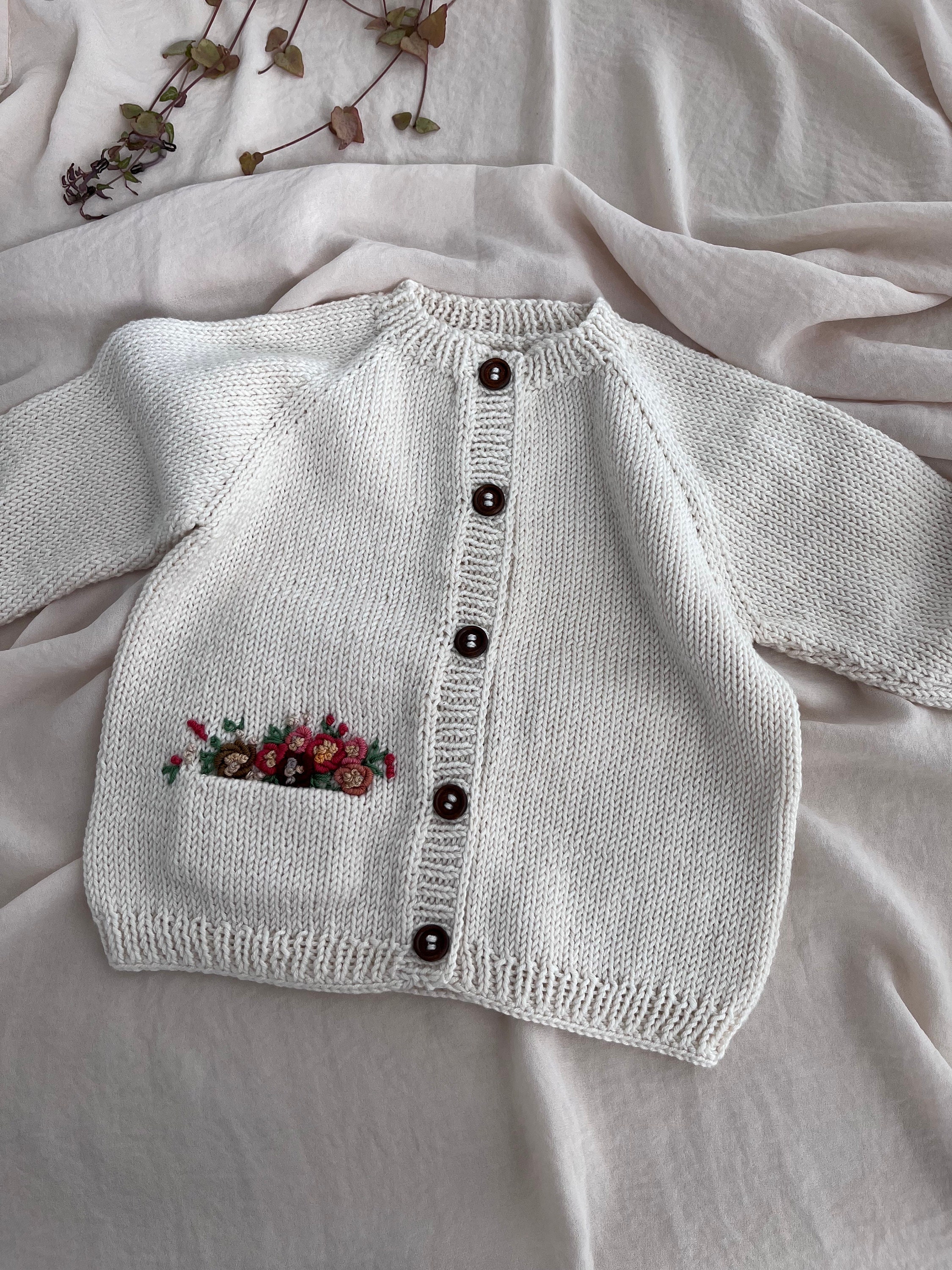 Hand Knit Baby Cardigan: Organic Cotton Embroidered Floral Outfit - Etsy