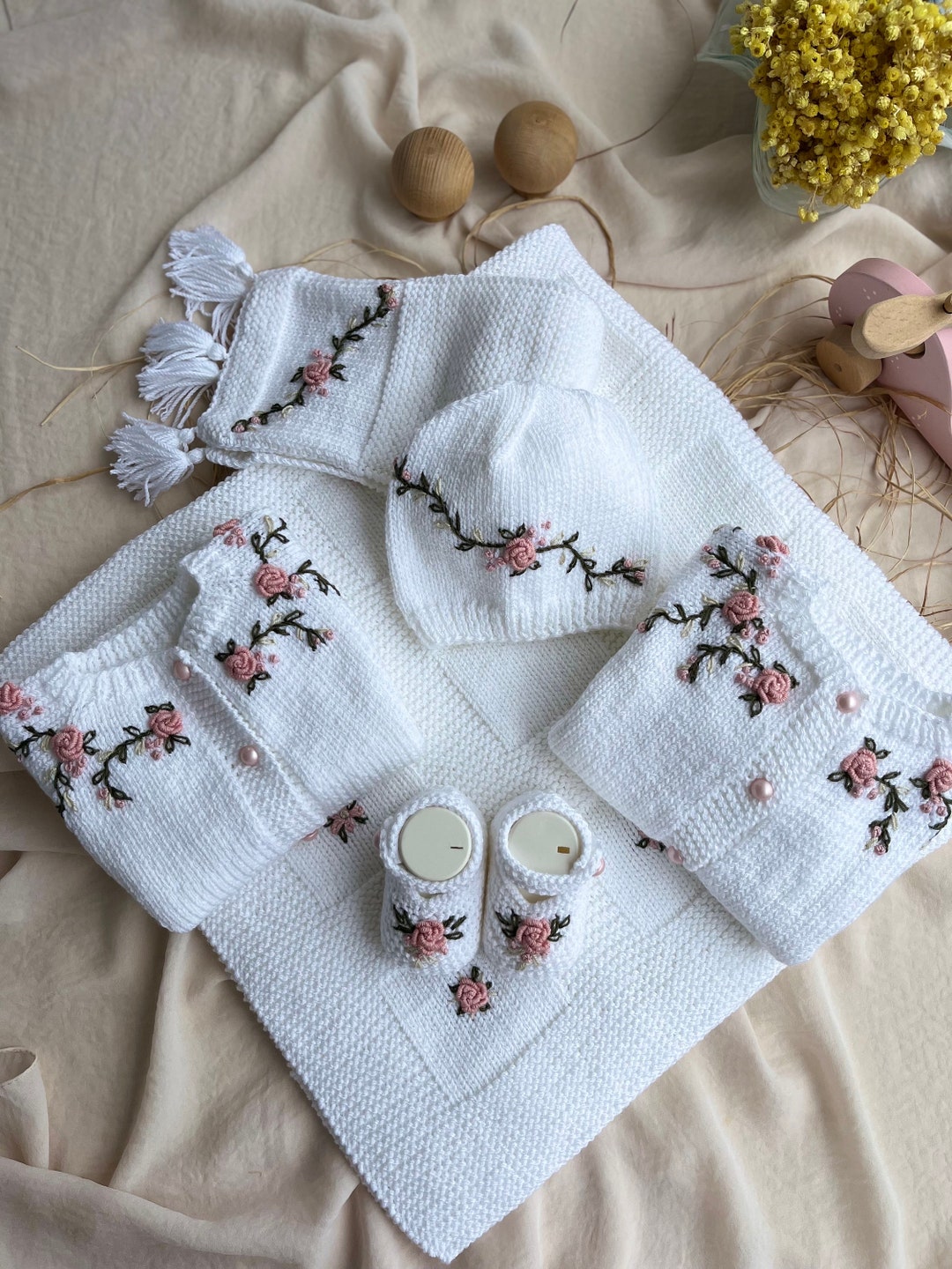 Handmade Embroidered Knit Baby Clothes Set: 6-piece Newborn Gift - Etsy