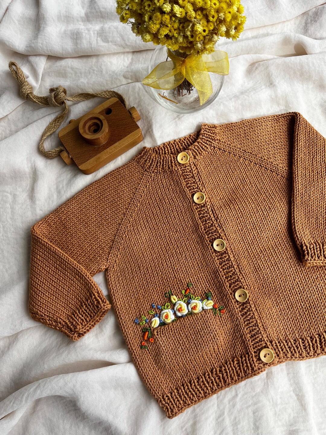 Hand Knitted Baby Cardigan With Floral Embroidery – Soft Brown Knit ...