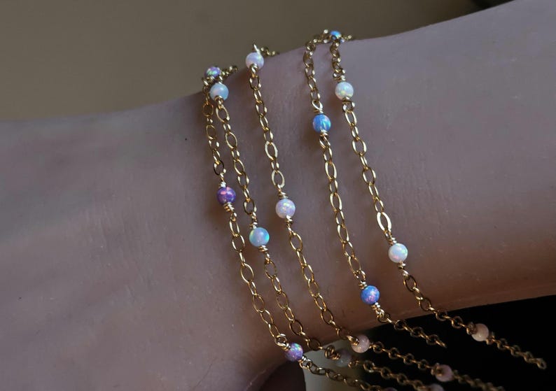 Opal Beaded Chain by the Foot, Permanent Jewelry Chain, 14 Karat Gold ...
