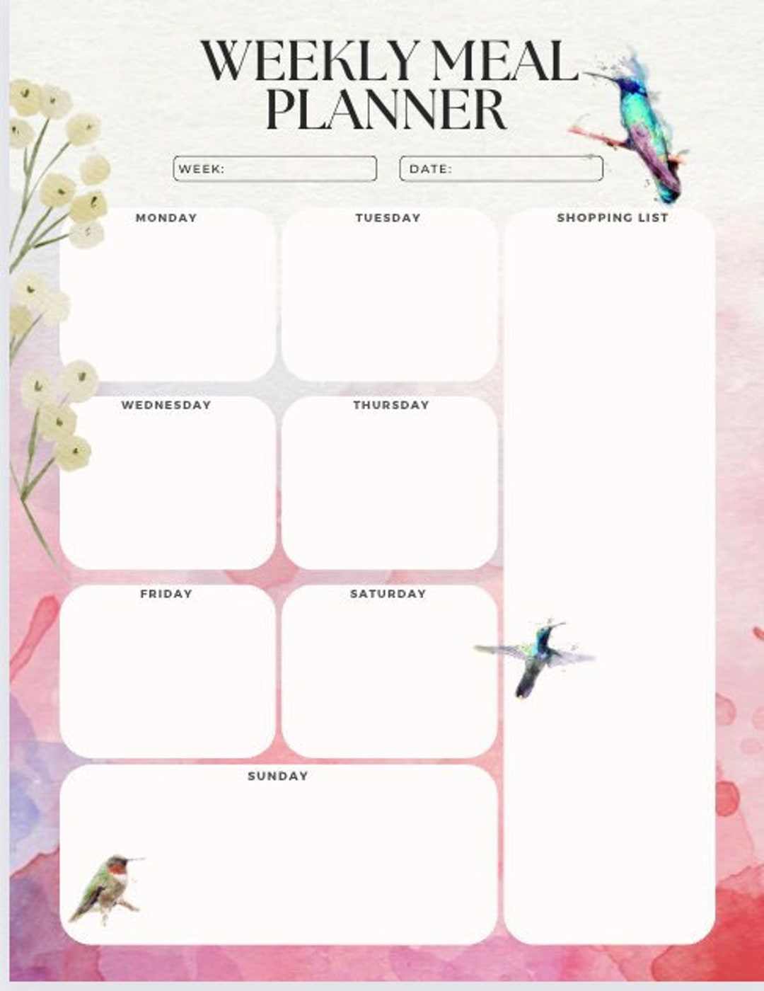 Printable Meal Planner, Hummingbird Meal Planner, Hummingbird Printable ...