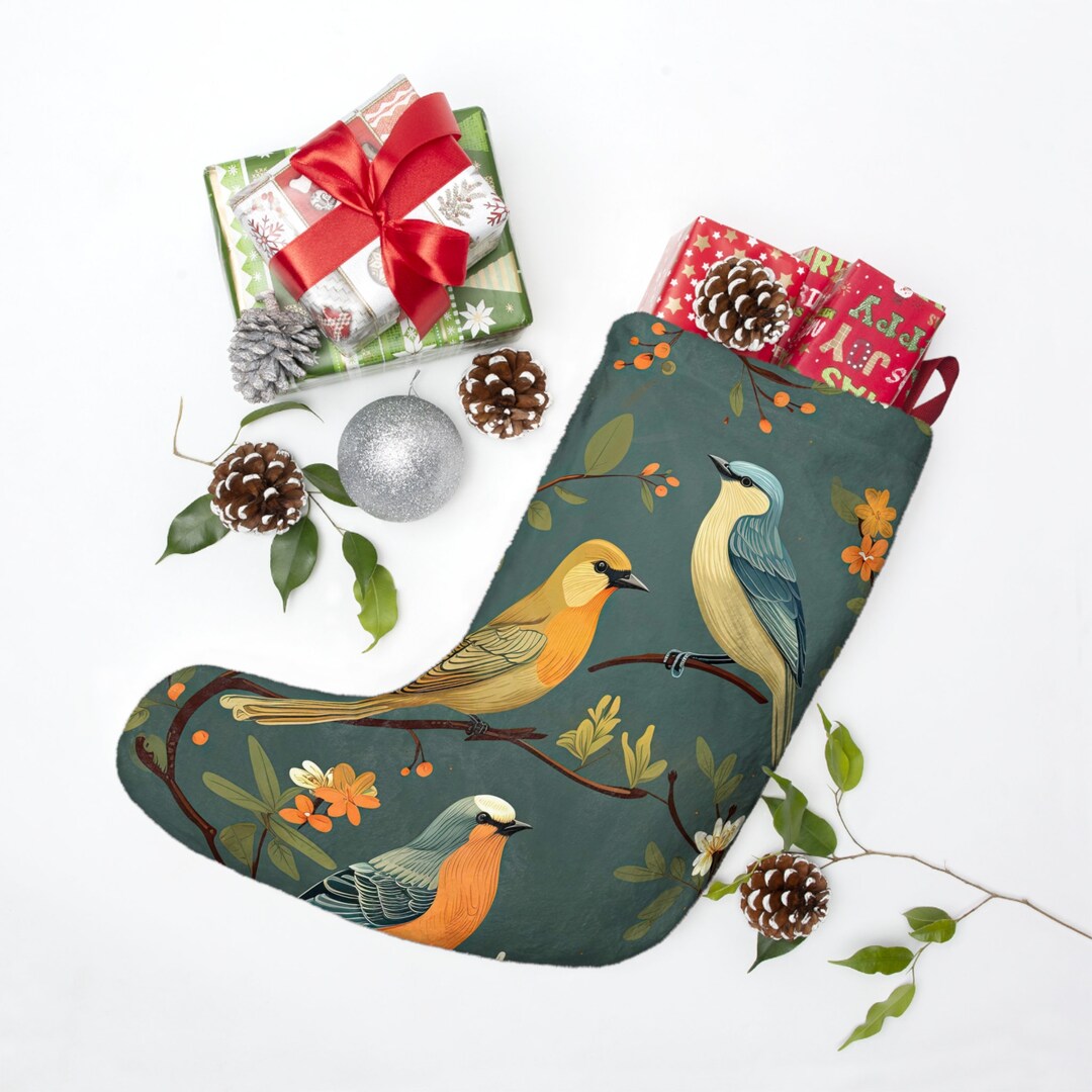 Vintage Bird Print Christmas Stocking, Bird Christmas Stocking, Bird ...