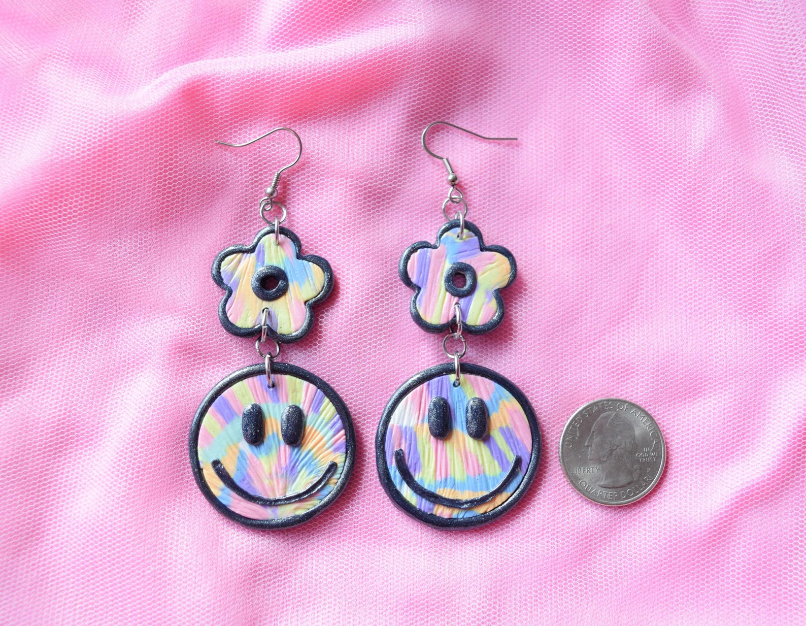 Kawaii Tie Dye Flower & Happy Face Dangle Earrings - Etsy