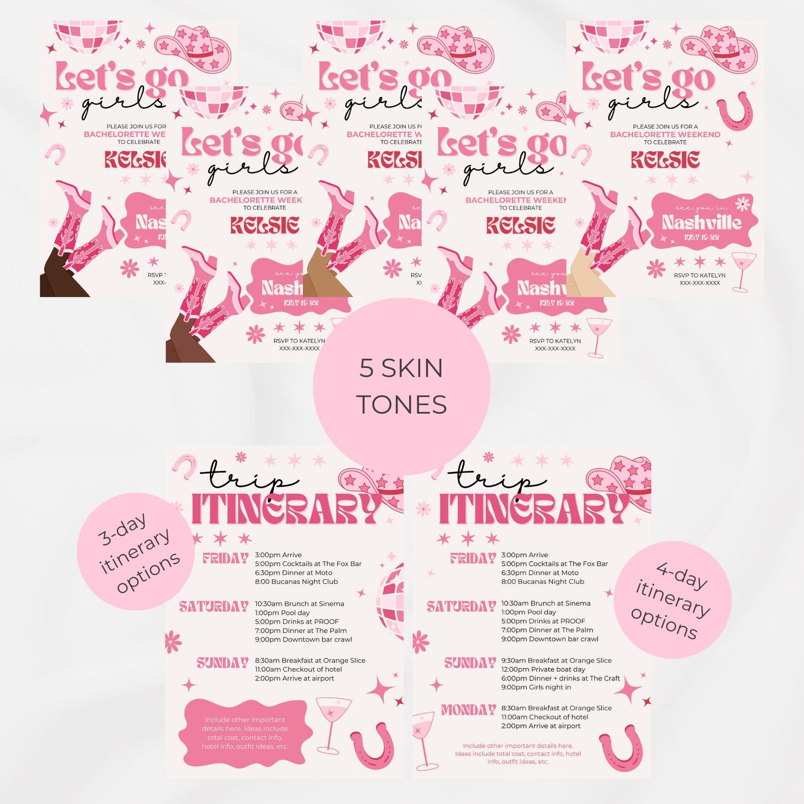 Let's Go Girls Bachelorette Party Invitation and Itinerary Template, 5 ...