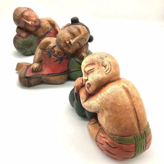 Figurines Vintage Asian Folk Art Wood Sculpture Sleeping Figure Melon ...