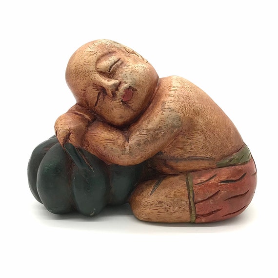 Figurines Vintage Asian Folk Art Wood Sculpture Sleeping Figure Melon ...