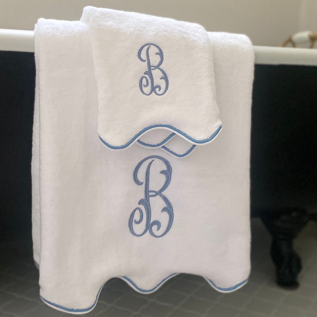 Monogrammed Bath Towel Set, Scallop Embroidered Edge, Thick Cotton ...
