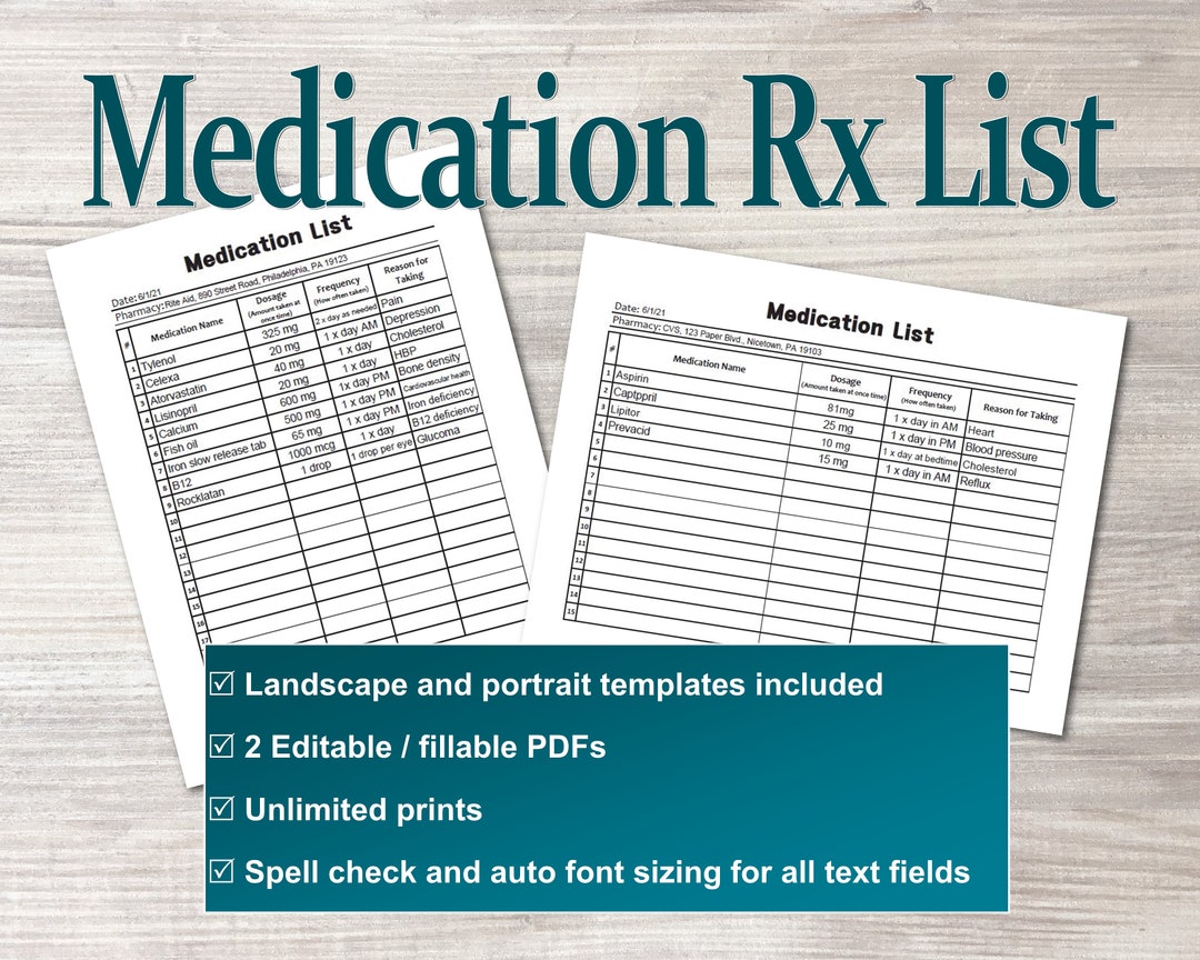 Medication Rx List Editable / Fillable PDF Download - Etsy