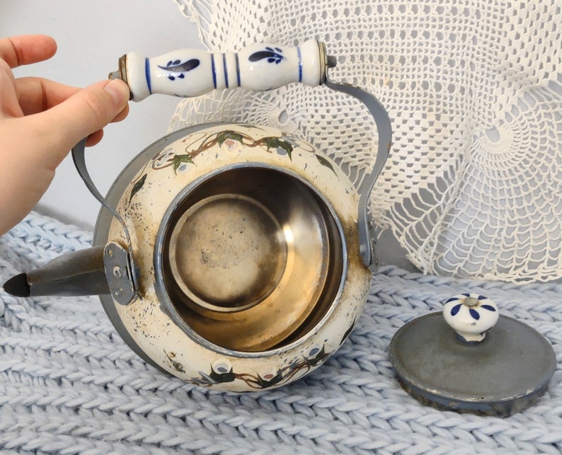 Vintage Painted Metal Teapot With Ceramic Handle Tea Kettle - Etsy