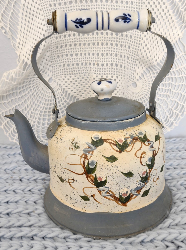 Vintage Painted Metal Teapot With Ceramic Handle Tea Kettle - Etsy