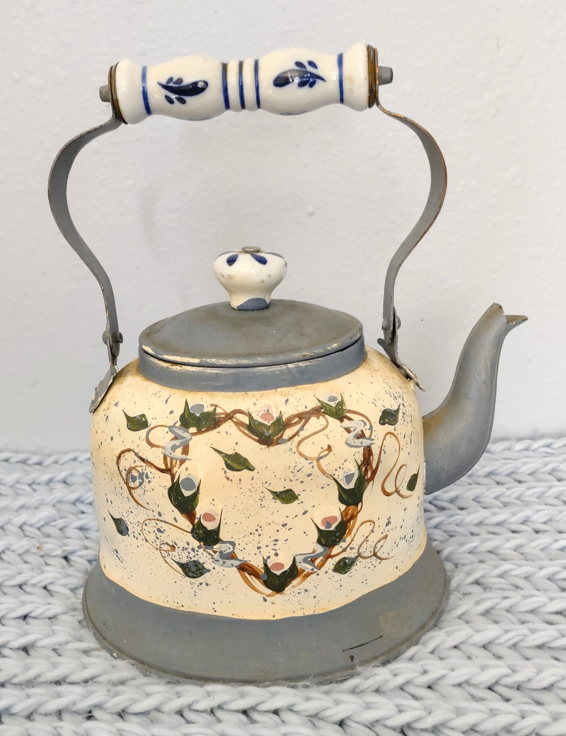 Vintage Painted Metal Teapot With Ceramic Handle Tea Kettle - Etsy