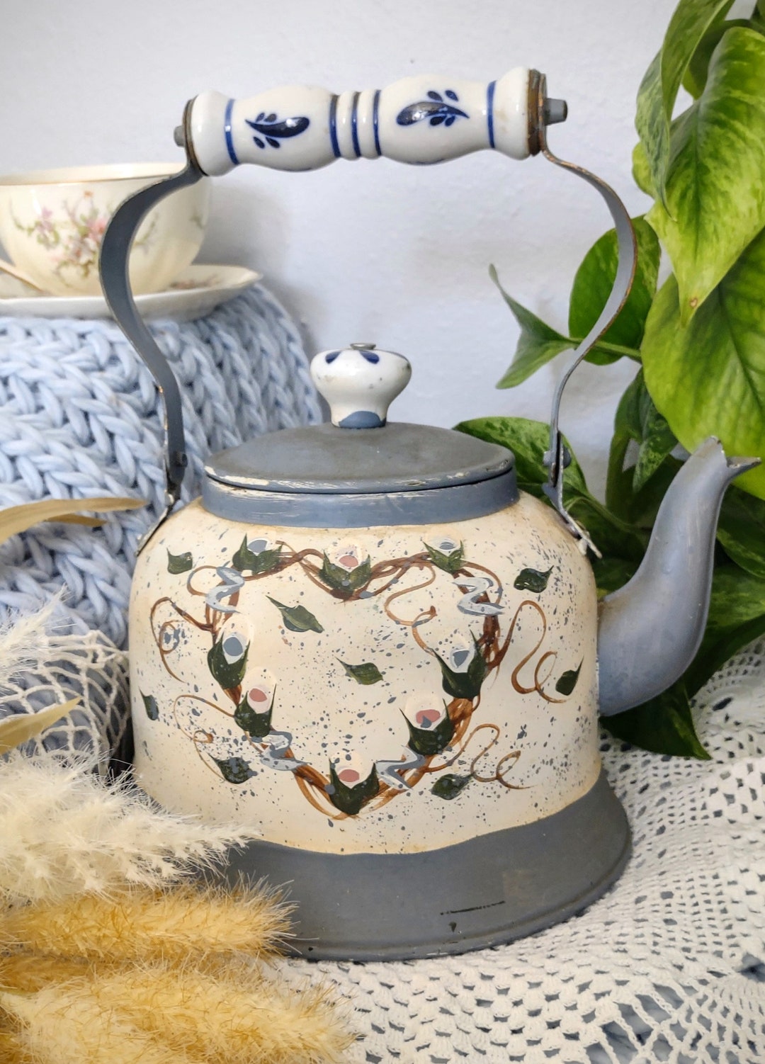 Vintage Painted Metal Teapot With Ceramic Handle Tea Kettle - Etsy