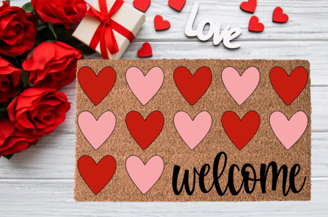 Welcome Hearts Valentine Doormat Valentine Decor Porch Decor ...