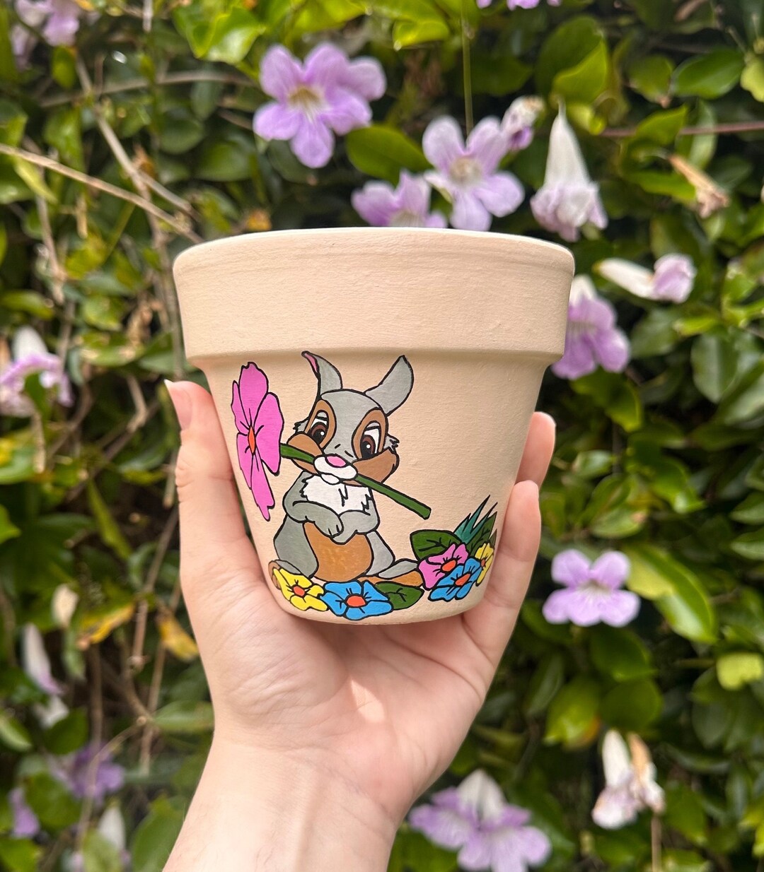 Hand Painted 4" Bambi's Thumper W/ Flowers Disney Terracotta Garden Pot ...