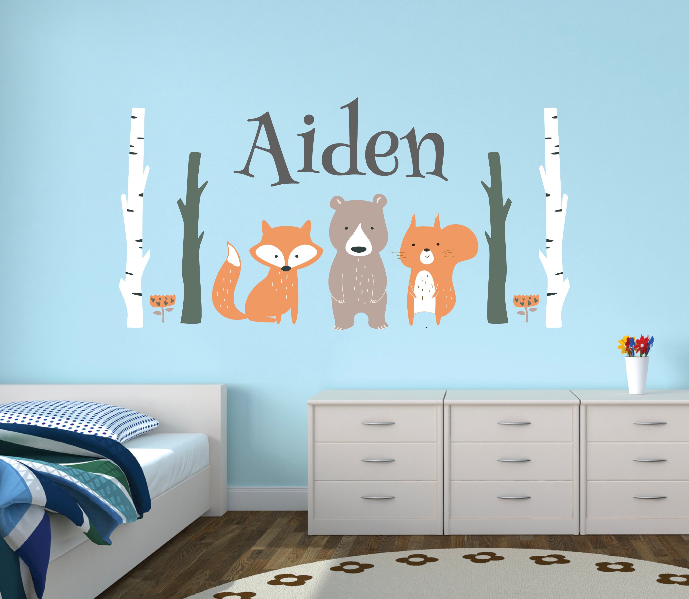 Custom Woodland Animal Name Wall Decal for Kids Forest Safari Stickers ...