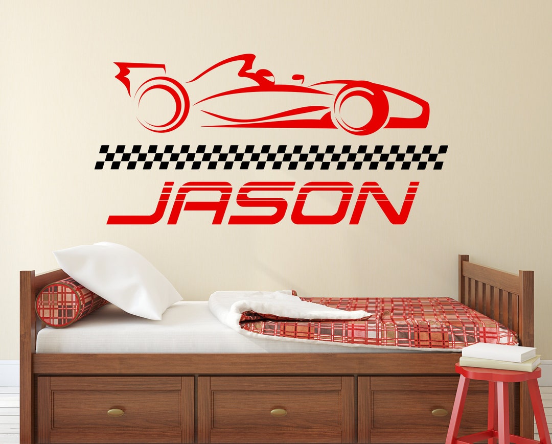 Racing Car Name Wall Decal Personalized Cars Flags Wall Stickers for ...