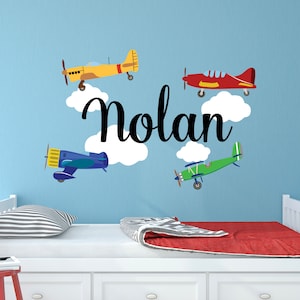 Custom Name Airplanes Wall Decal for Boys Baby Airplane & Clouds Wall ...