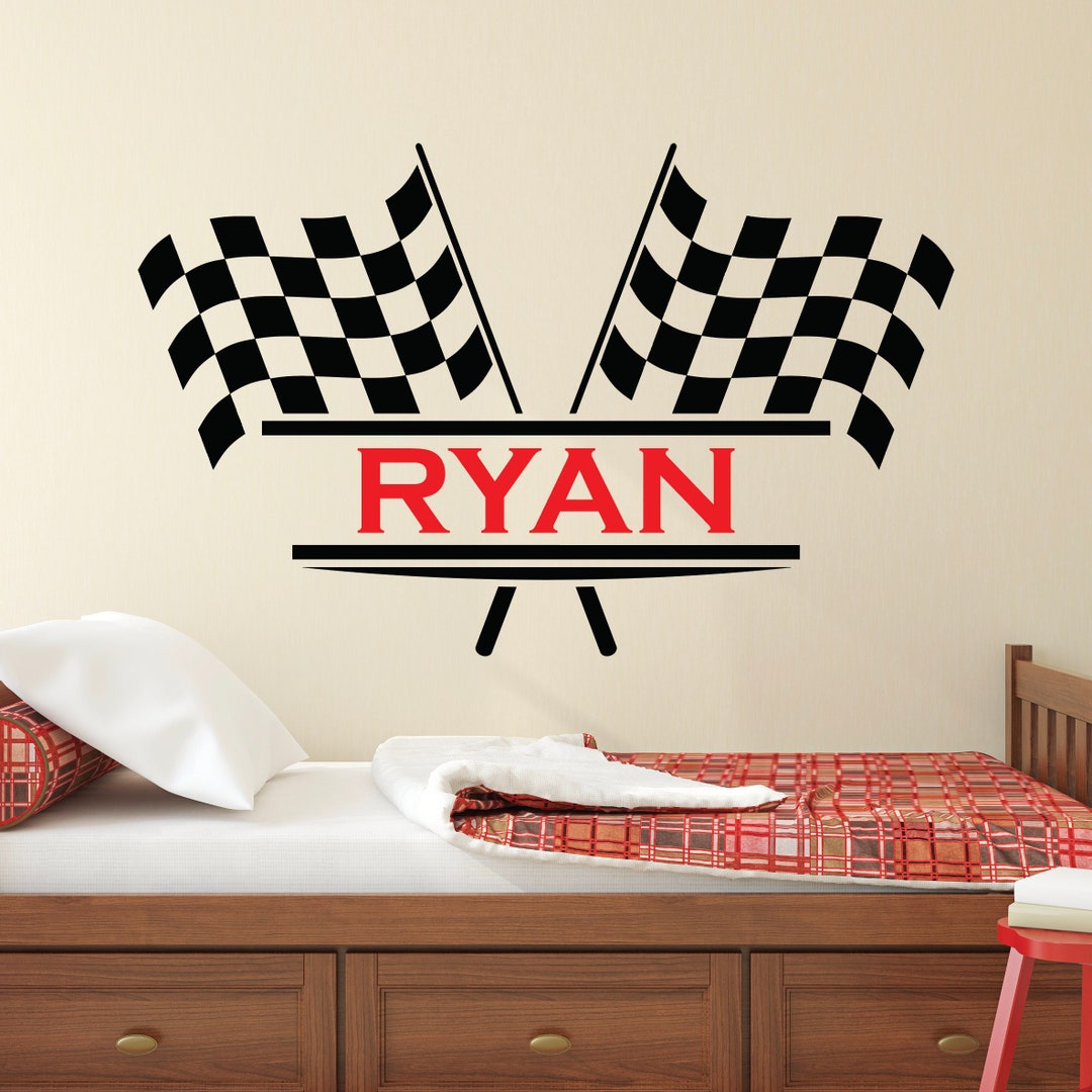 Personalized Flags Name Wall Decor Racing Stickers for Kids Checkered ...