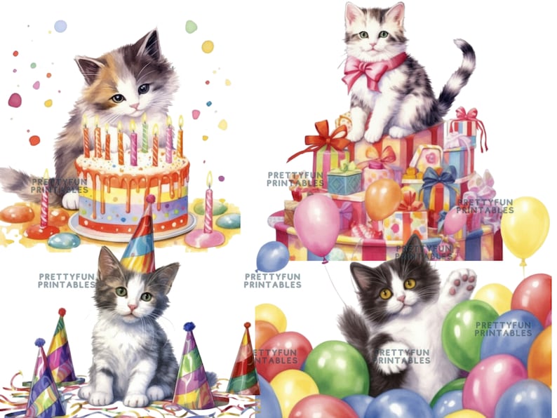 Cute Birthday Clipart, Kitten Birthday Clipart, Party Clipart, Birthday ...