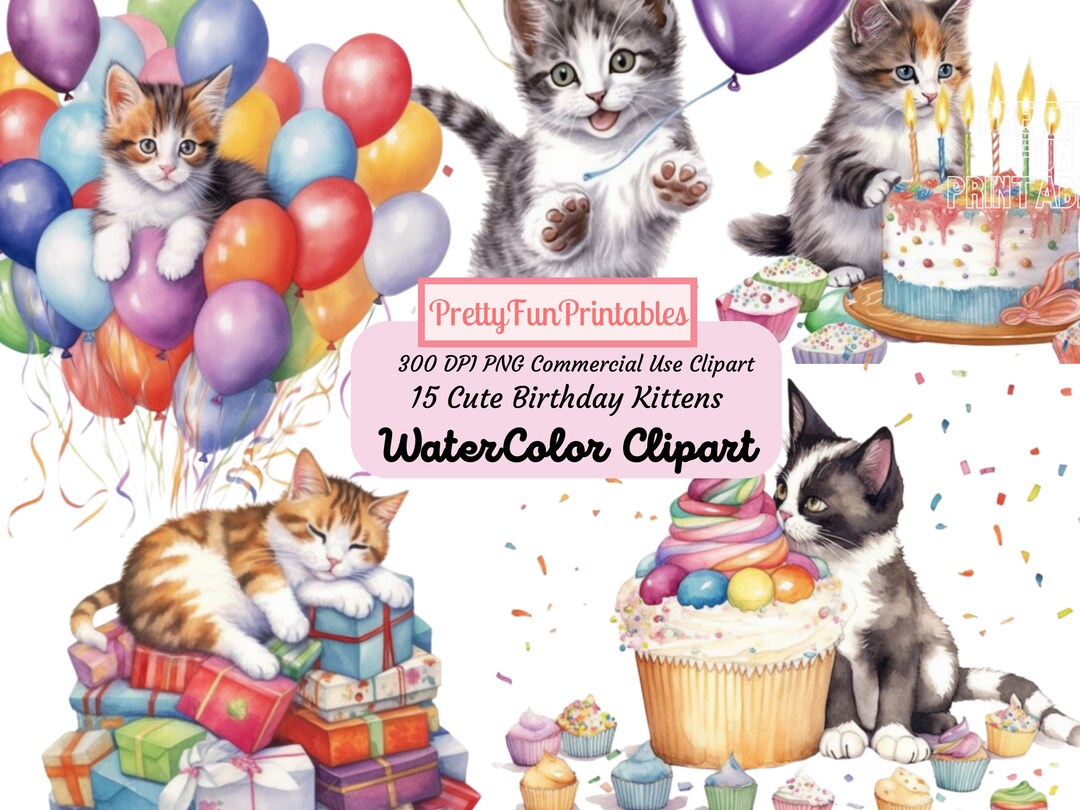 Cute Birthday Clipart, Kitten Birthday Clipart, Party Clipart, Birthday ...