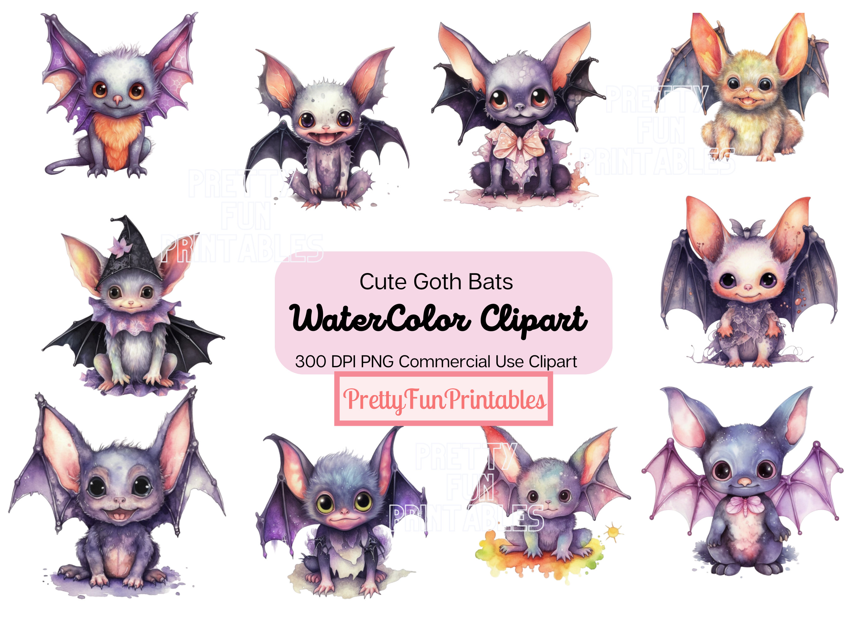 Cute Goth Kawaii Bats, Commercial Use, Halloween Decor, Gothic, Clipart ...