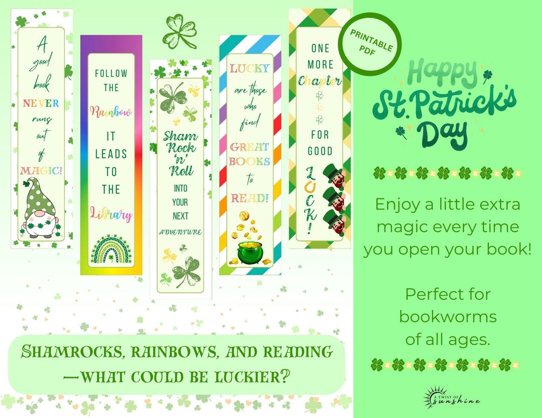 PRINTABLE ST. PATRICK'S Day Bookmarks | Cute Shamrock & Rainbow Designs ...