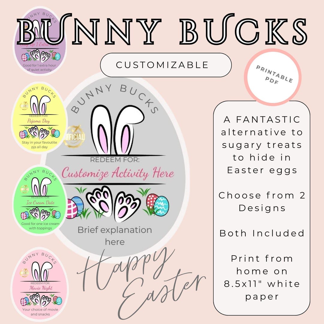 PRINTABLE BUNNY BUCKS | Easter Coupons for Kids | Easter Bunny Vouchers ...
