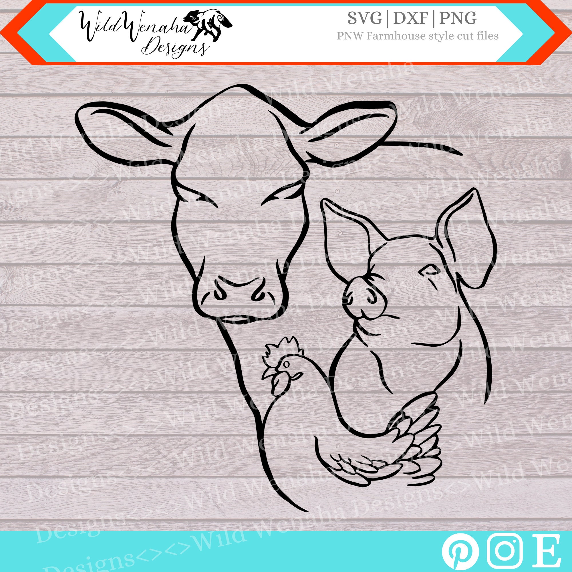 Farm Animal Clipart Cow Pig and Chicken Svg Png Dxf Clipart Cute ...