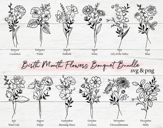 Birth Month Flower Bouquet Svg Bundle Birth Month Flower Flower Svg Floral Svg Birth flower Flower Bouquet flower flowers tattoo Svg Png