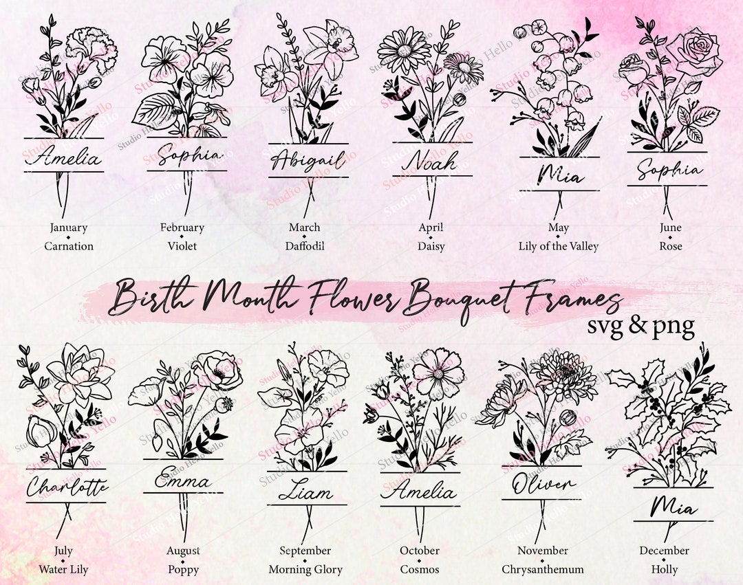 Birth Month Flower Bouquet Frame Svg Png Bundle | Birth Month Flower ...