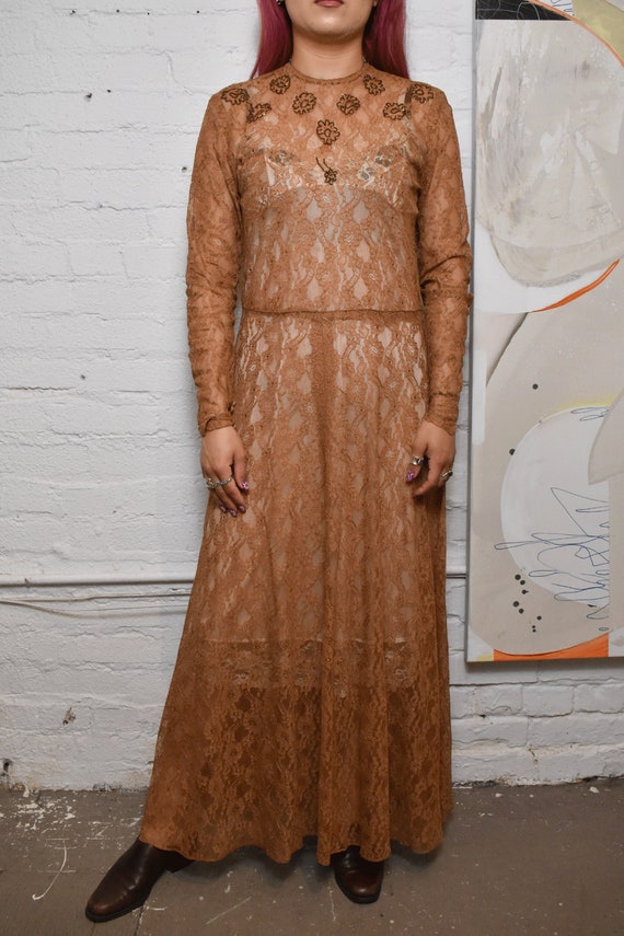 Vintage 1940s Lace Copper Gown Dress with Beaded Flow… - Gem