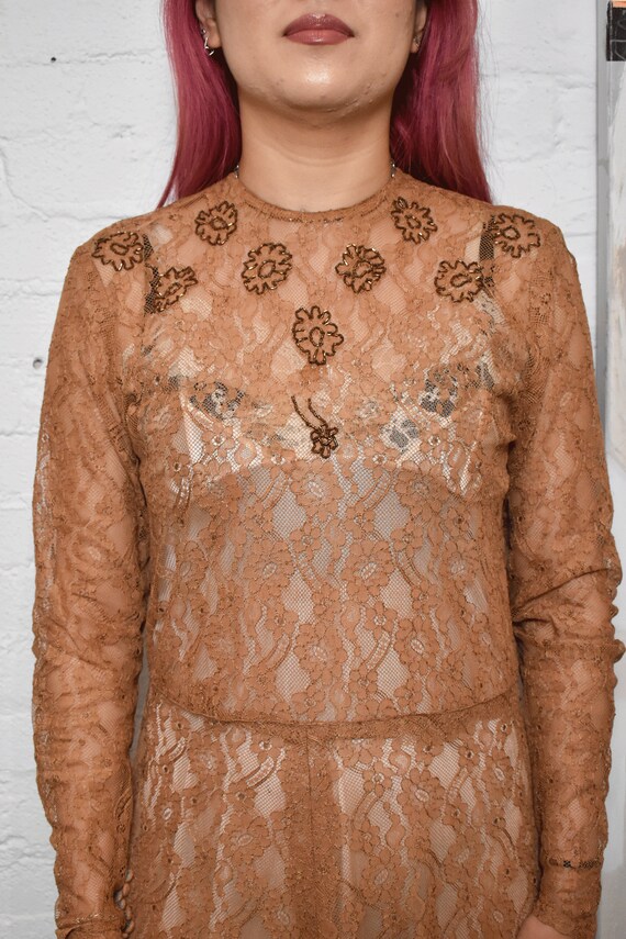 Vintage 1940s Lace Copper Gown Dress with Beaded Flow… - Gem