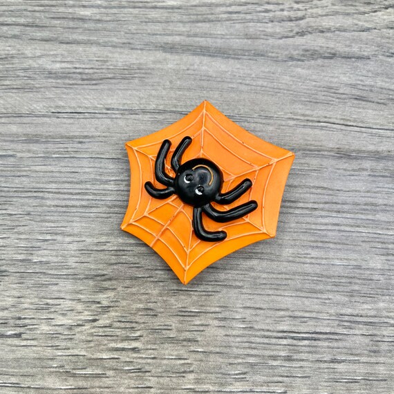 Vintage Black Spider Orange Spider Web Plastic Brooch - Gem