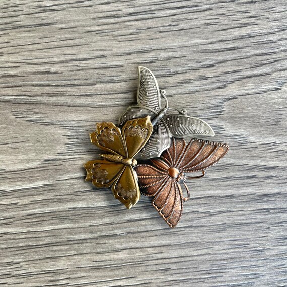 Vintage Three Toned Stamp Work Butterfly Brooch - Gem