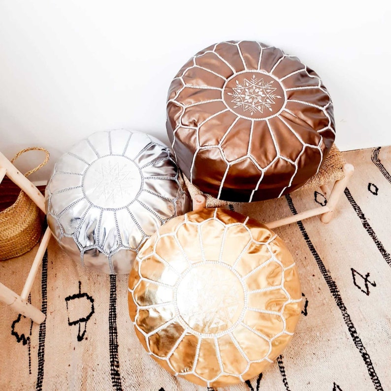Handmade Moroccan Gold Leather Pouf, Round Ottoman Footstool Cover ...