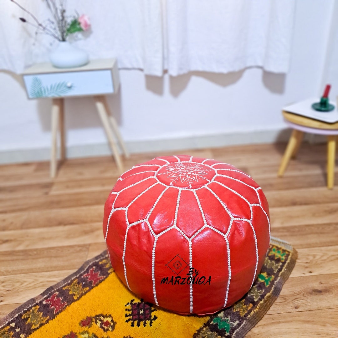Moroccan Leather Red Pouf, Red Ottoman Pouf, Red Footstool, Red Floor ...