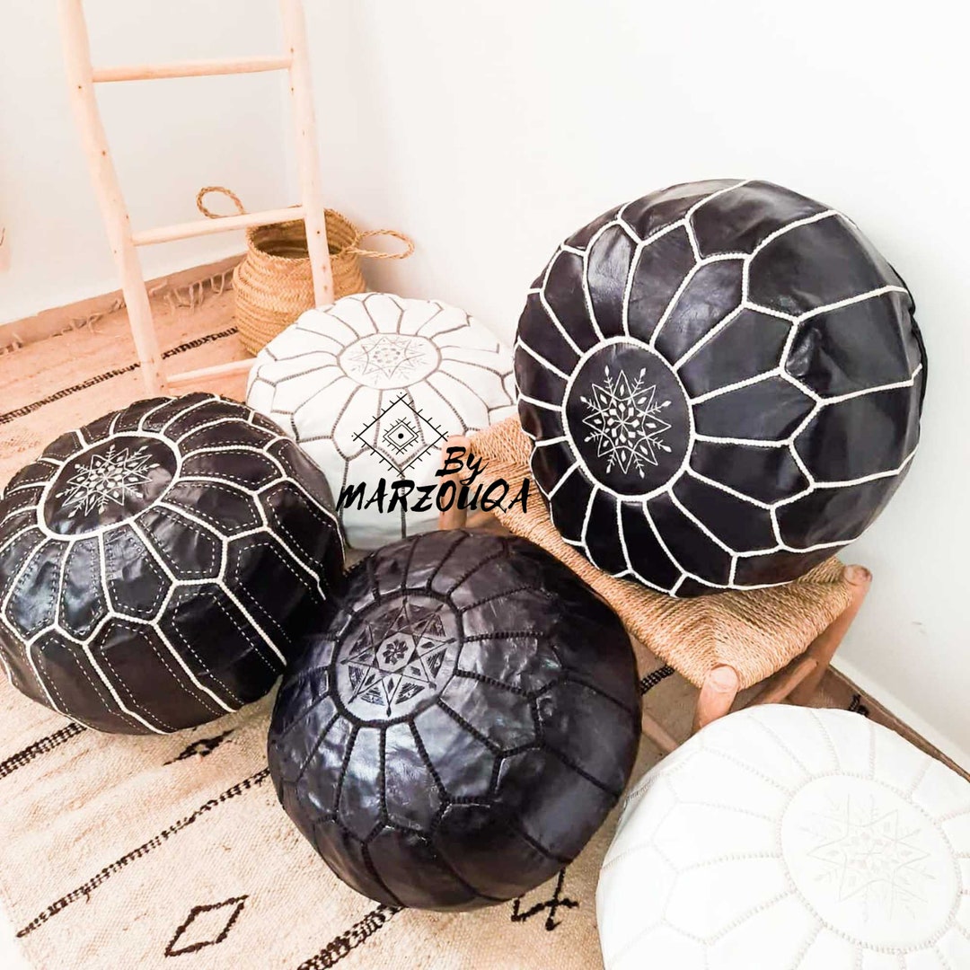 Moroccan Leather Ottoman Pouf- Morrocan Poufs - Leather Pouf - Round ...