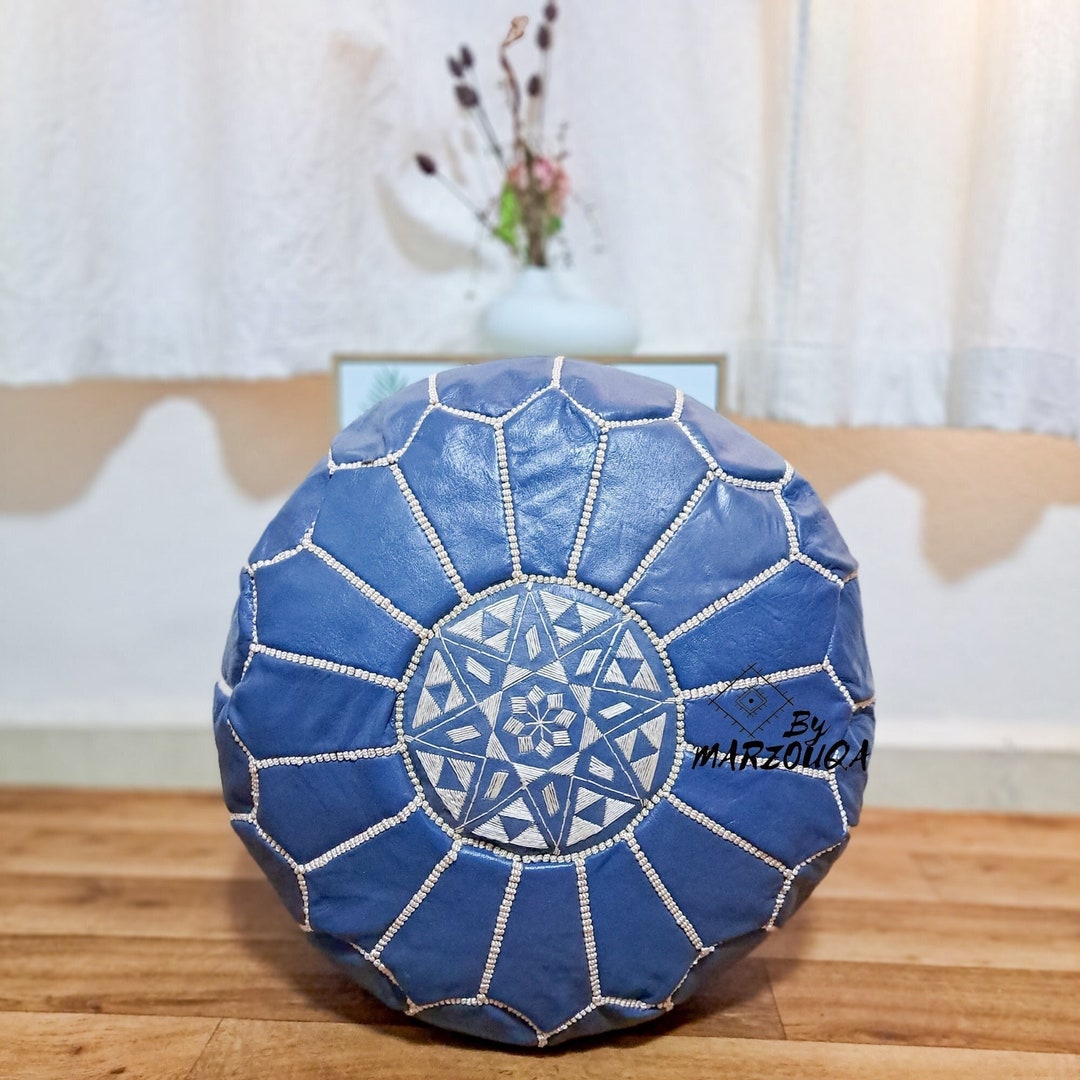 Moroccan Blue Pouf Ottoman Blue Leather Pouf, Goat Leather Ottoman ...