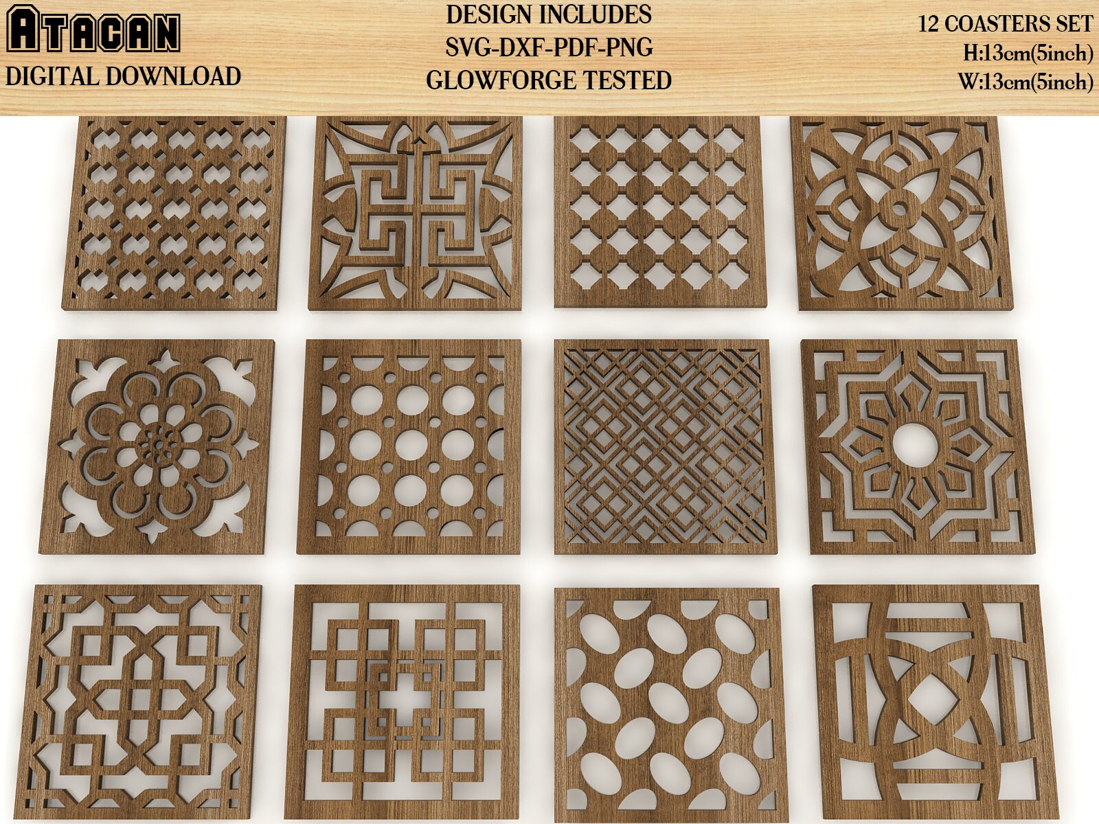 12 Coaster Svg Bundle Square costers laser cutting file | Etsy