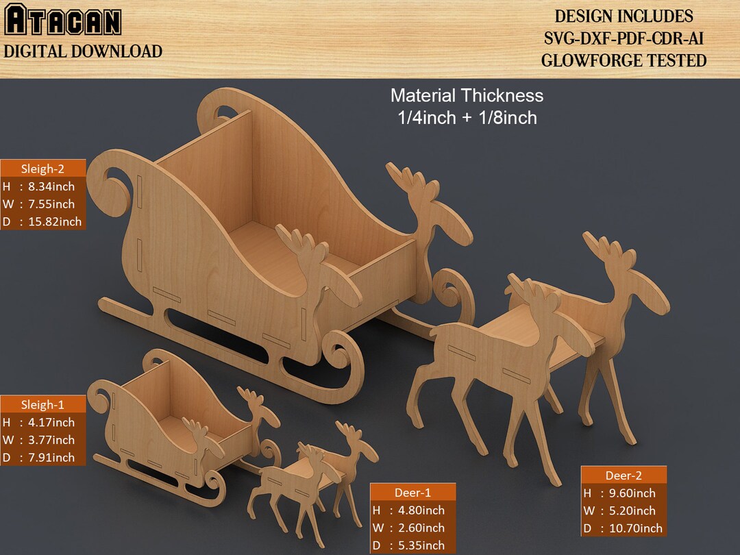 Wooden Sleigh With Deer / Laser Cut Christmas Decor / Santa Reindeers ...