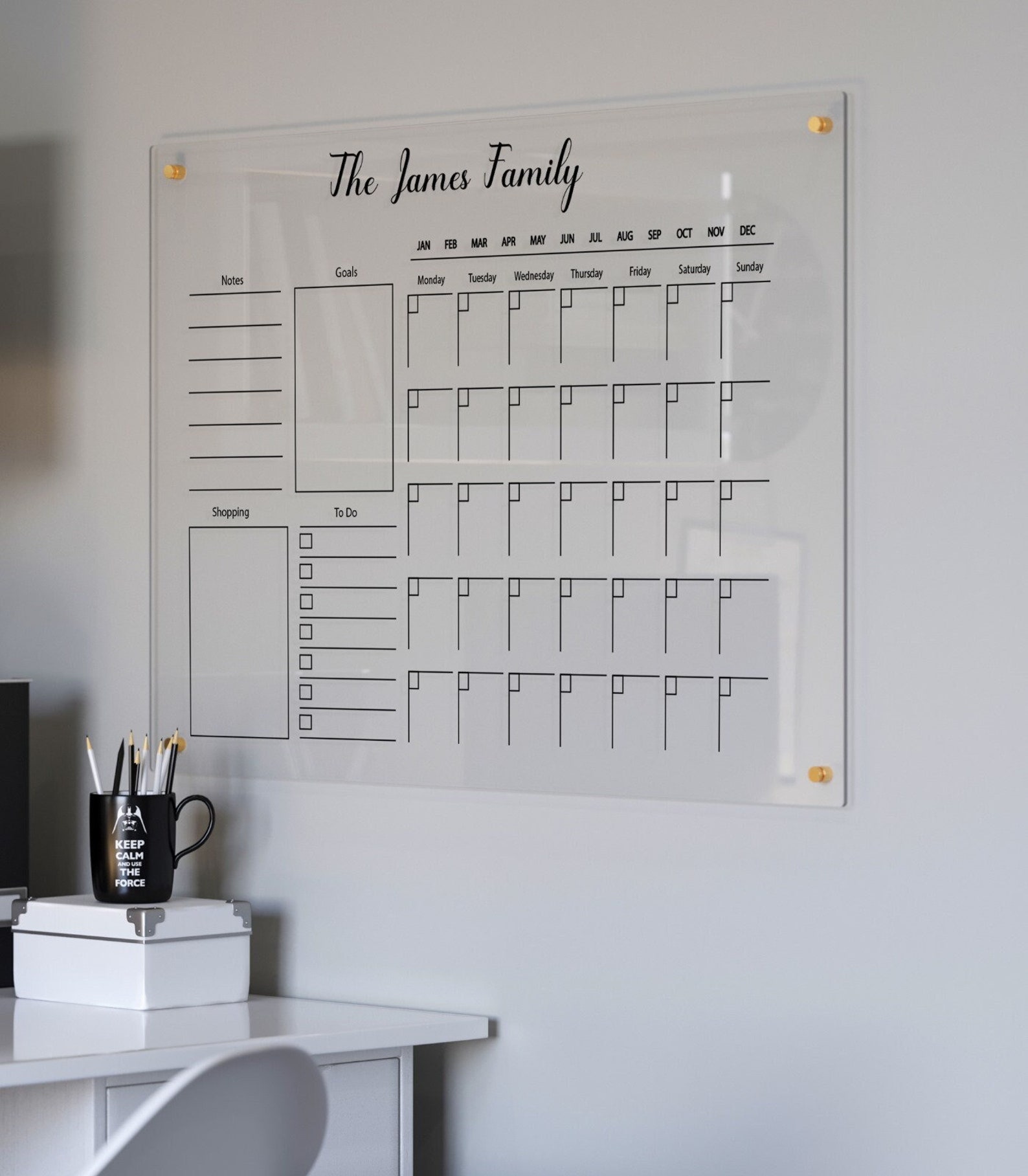 Personalize Dry Erase Board Acrylic Family Calendar gold Text Yearly ...