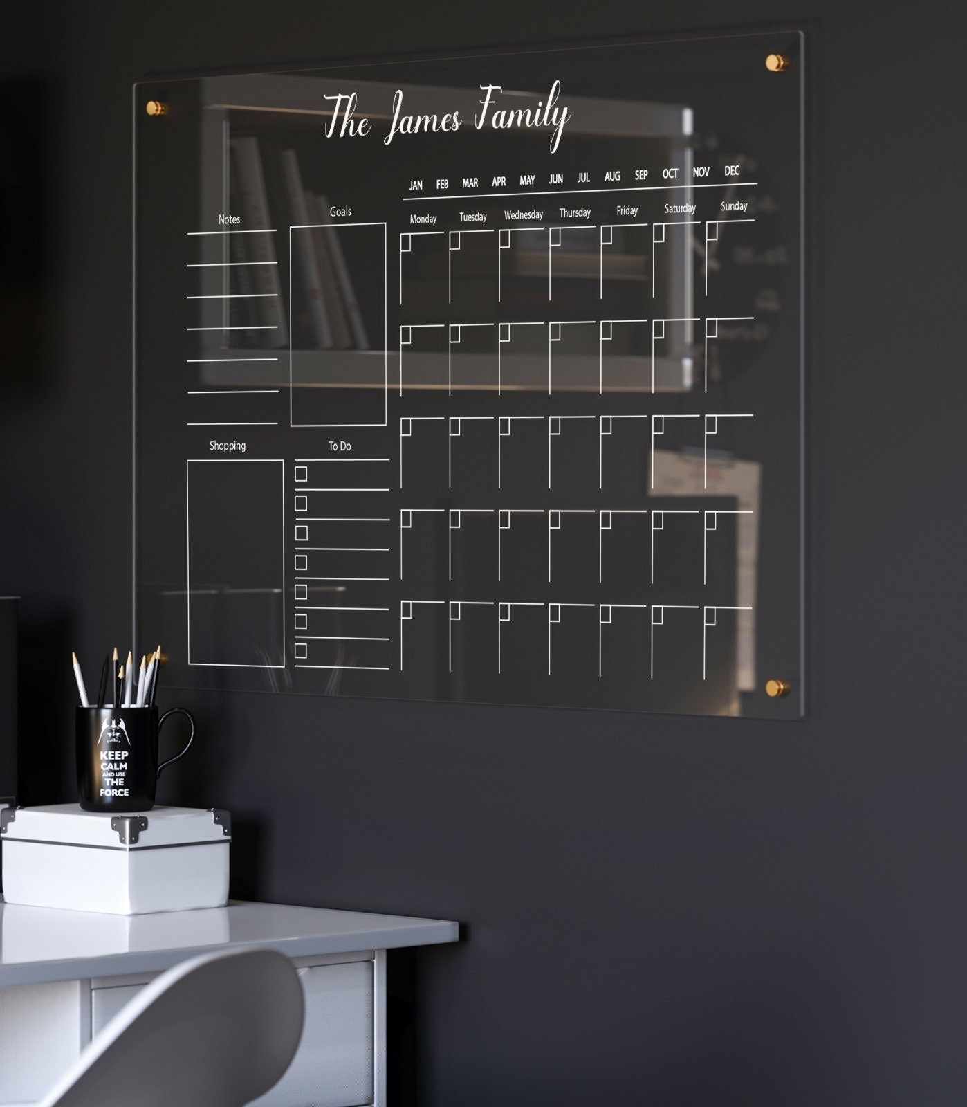 Personalize Dry Erase Board Acrylic Family Calendar gold Text Yearly ...